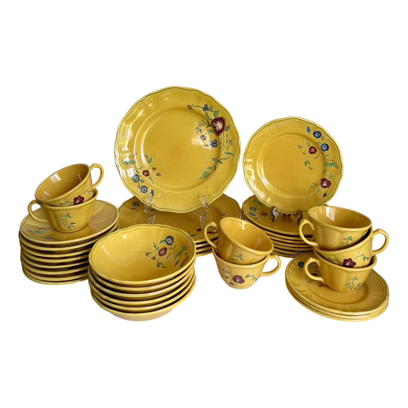 French Longchamp Majolica Marseilles Yellow Dinnerware Set With Floral ...