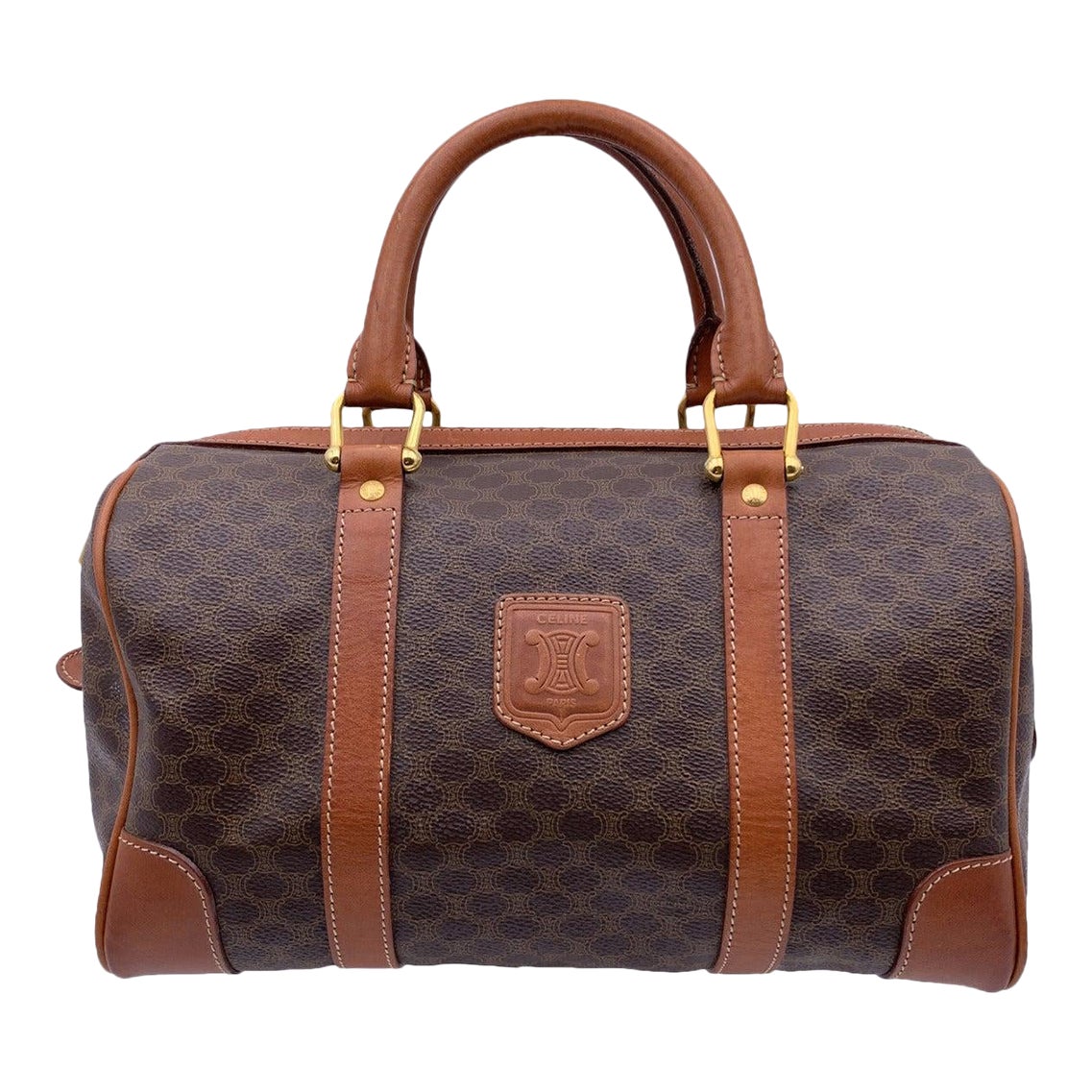 Celine Vintage Brown Macadam Canvas Boston Bag Duffel Duffle | Chairish