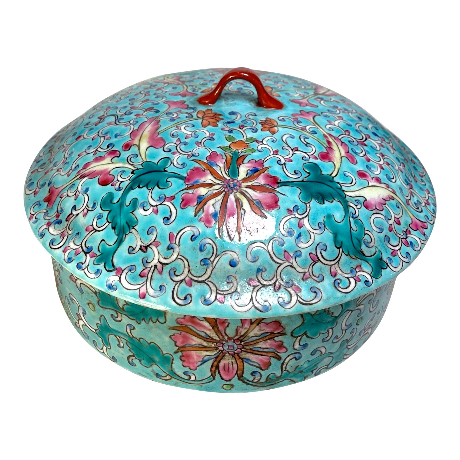 Mid 20th Century Turquoise Famille Rose Mun Shou Lidded Tureen | Chairish
