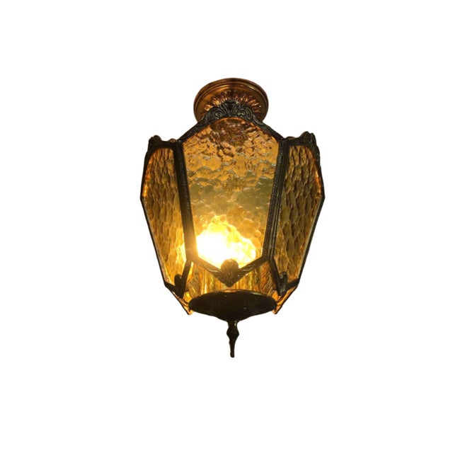 Mid-Century Modern Bronze & Pebbled Glass Ceiling Fixture | Chairish