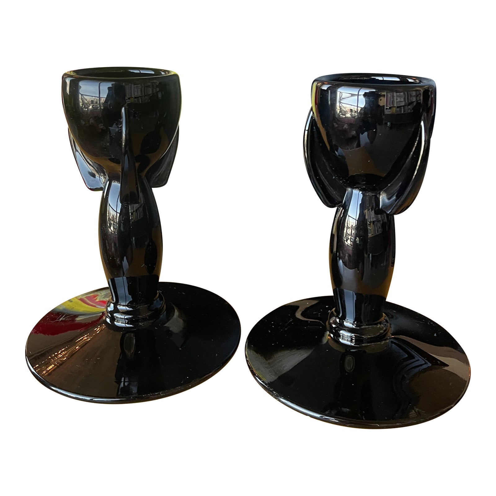1920s Art Deco Duncan Miller Rocket Candle Holders Black Glass Streamline - a Pair | Chairish