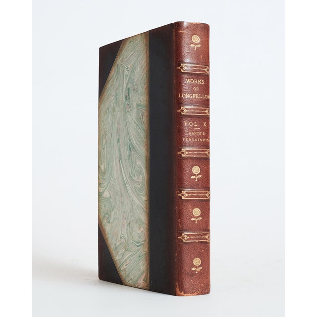Antique Works of Longfellow Brown Leather-Bound Books - Set of 7 | Chairish
