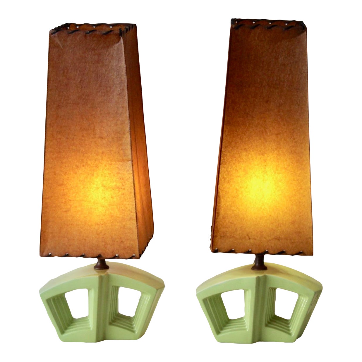 1950s Vintage Green Double Keyhole Ceramic Lamps With Original Shades ...