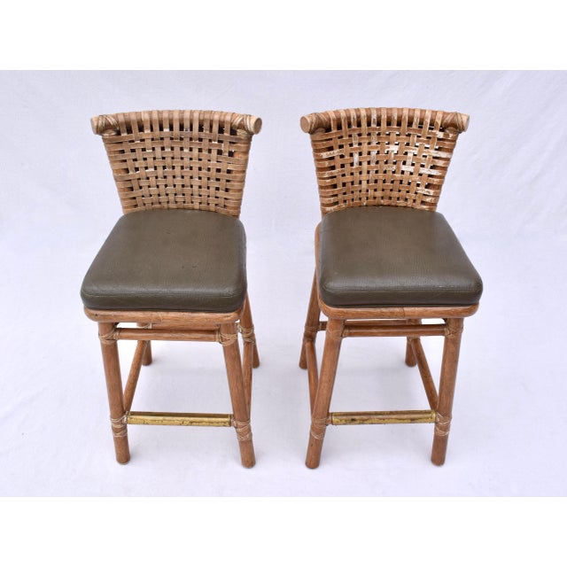 McGuire Laced Leather & Solid Oak Barstools, Pair | Chairish
