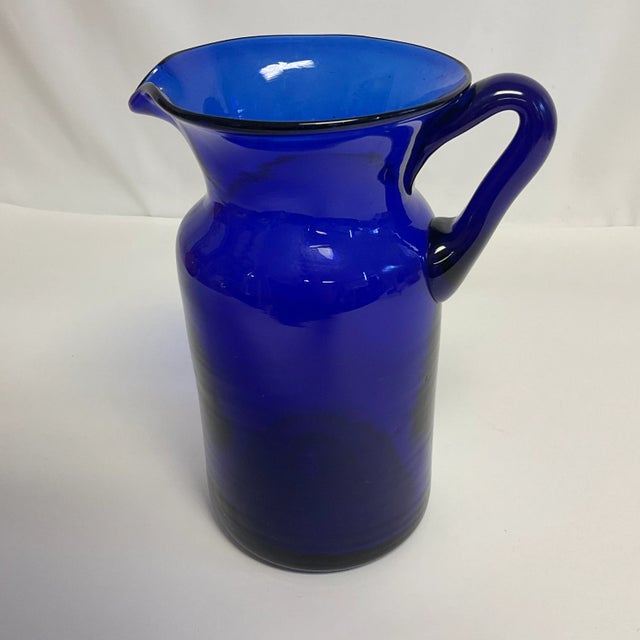 1940s Vintage Art Deco Hand Blown Glass Pitcher in Cobalt Blue. | Chairish