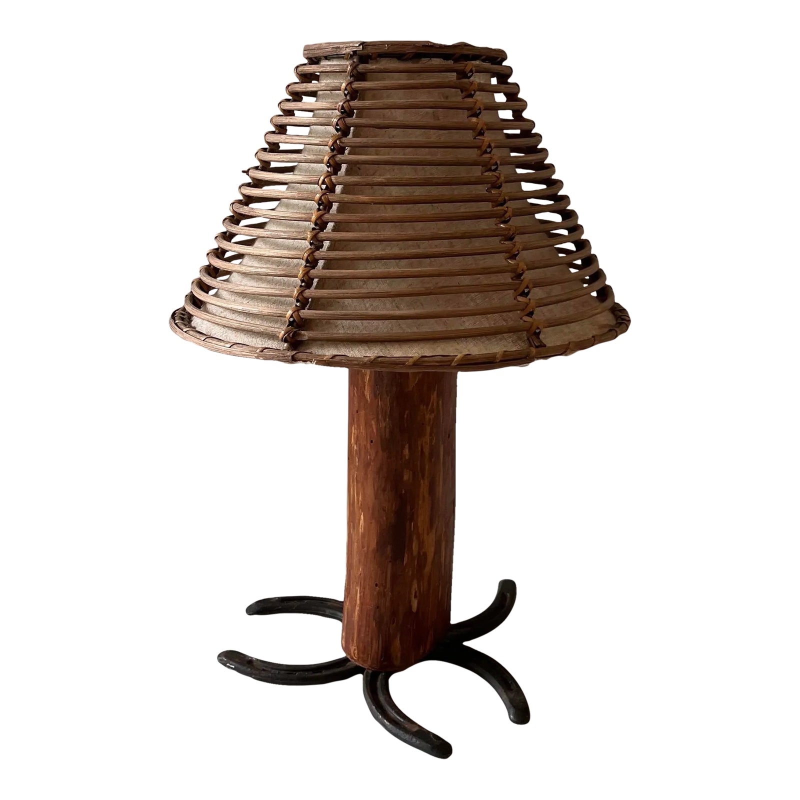 Rustic Wood and Horseshoe Table Lamp With Rattan and Burlap Lampshade ...