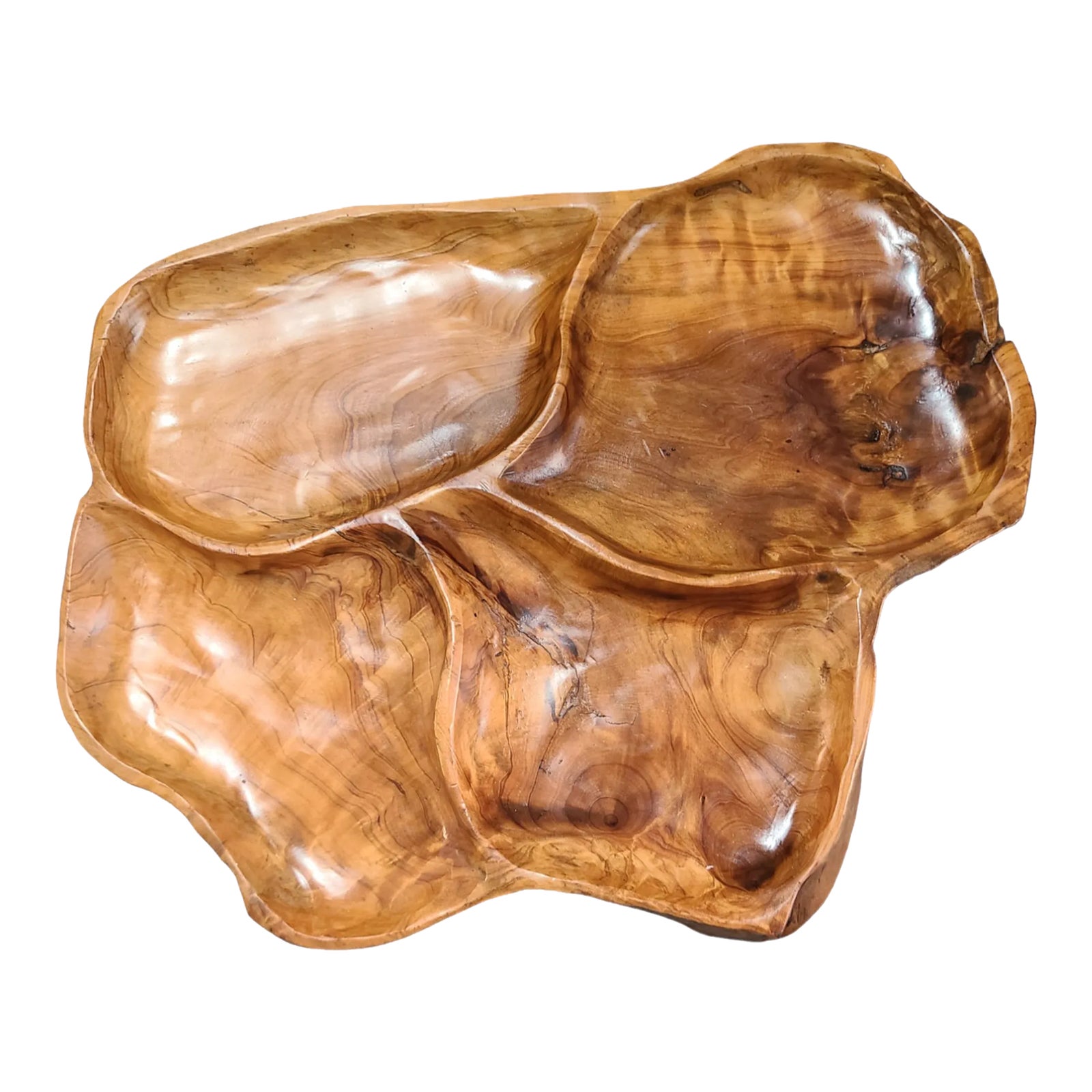 Late 20th Century Hand-Carved Wooden Teak Root Four Compartment Snack ...