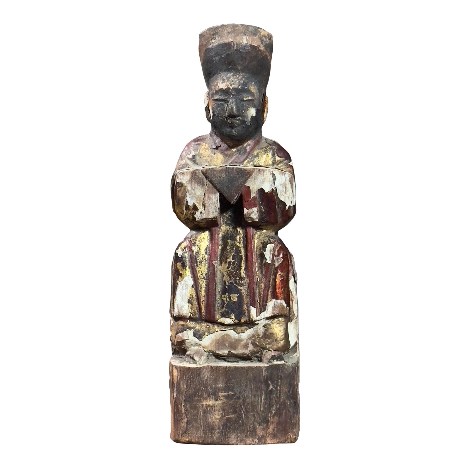 Antique Chinese Qing Dynasty Hand Carved Polychrome Gilt Temple Deity ...