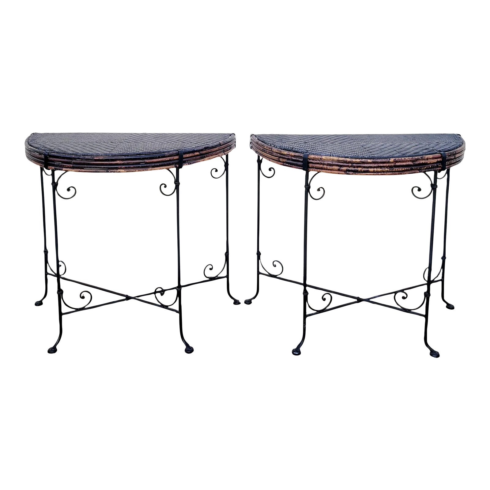 Vintage Demi-Lune Wicker Iron Tortoiseshell Bamboo Wood Half Moon Entry ...