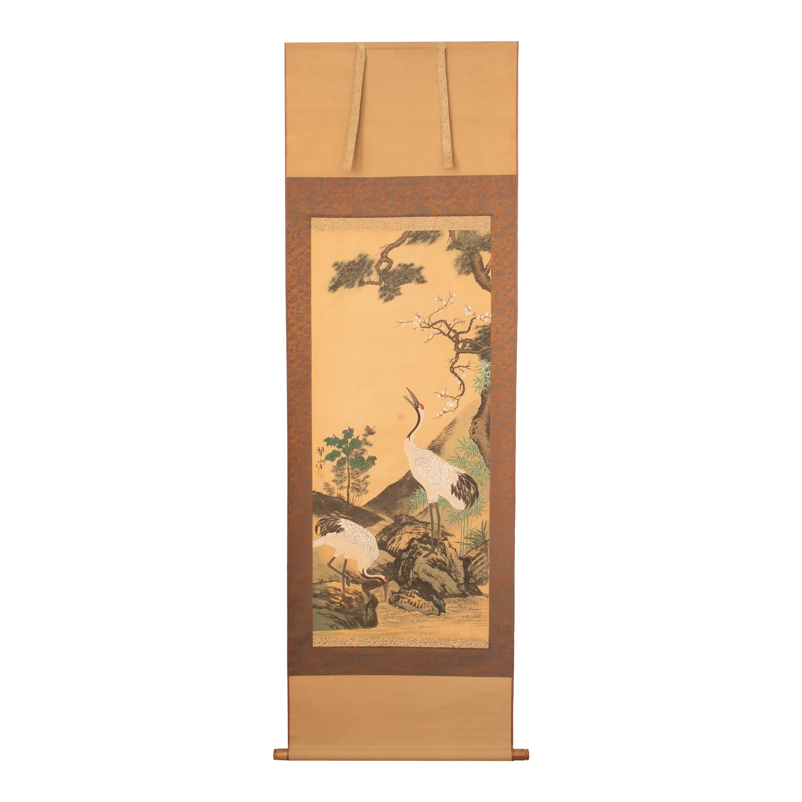 Showa Era Japanese Painted Silk Scroll "Two Cranes and Pine Tree ...