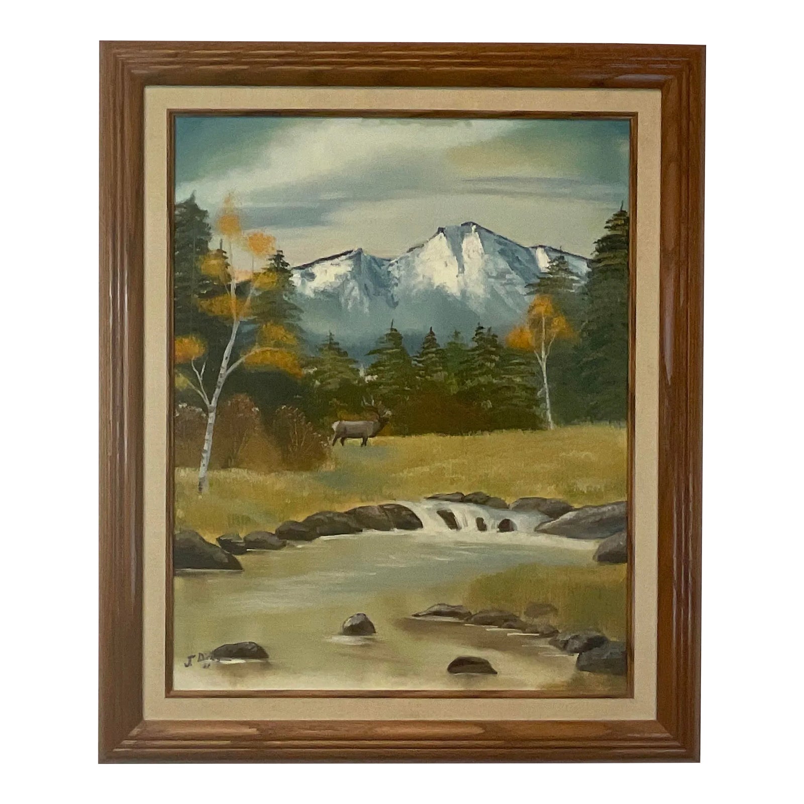 Mid-Century Rustic Americana Elk Wildlife & Scenic Mountain Steam Oil ...