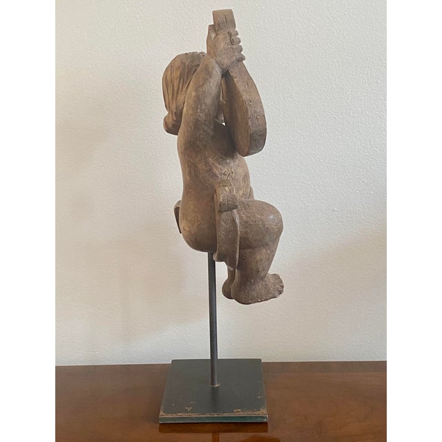 Antique Carved Wood Cherub Putto Angel Figure Sculpture on Stand | Chairish
