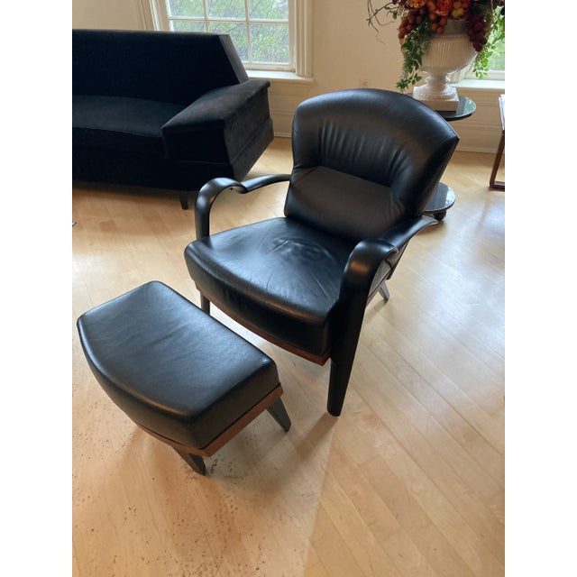 Pace Collection Style Mid Century Modern Black Leather Chair Ottoman Set Seating