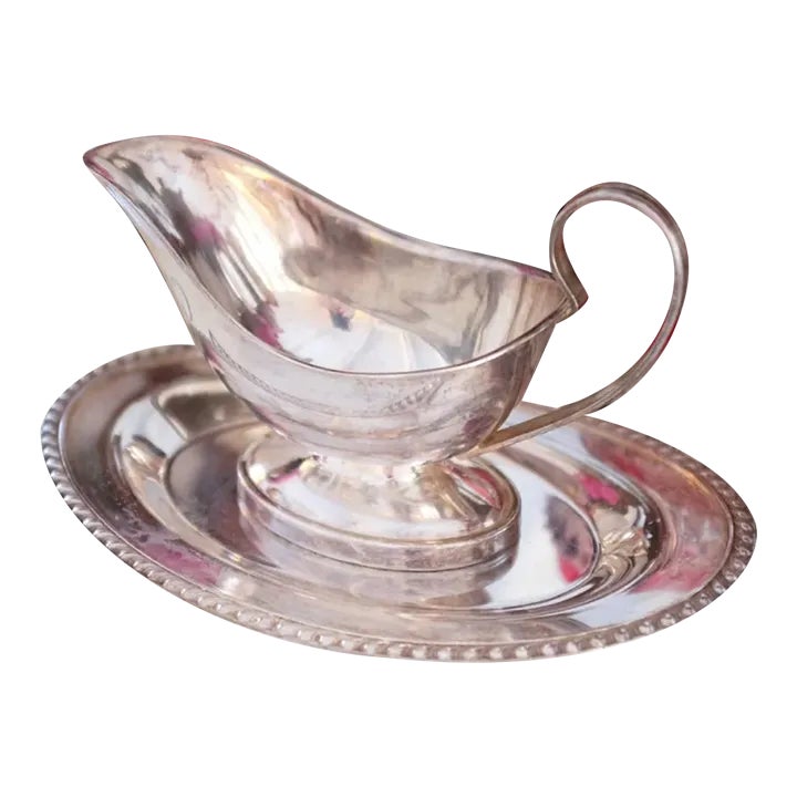 1970s Sheffield Reproduction Silver Plate Gravy Boat With Saucer | Chairish