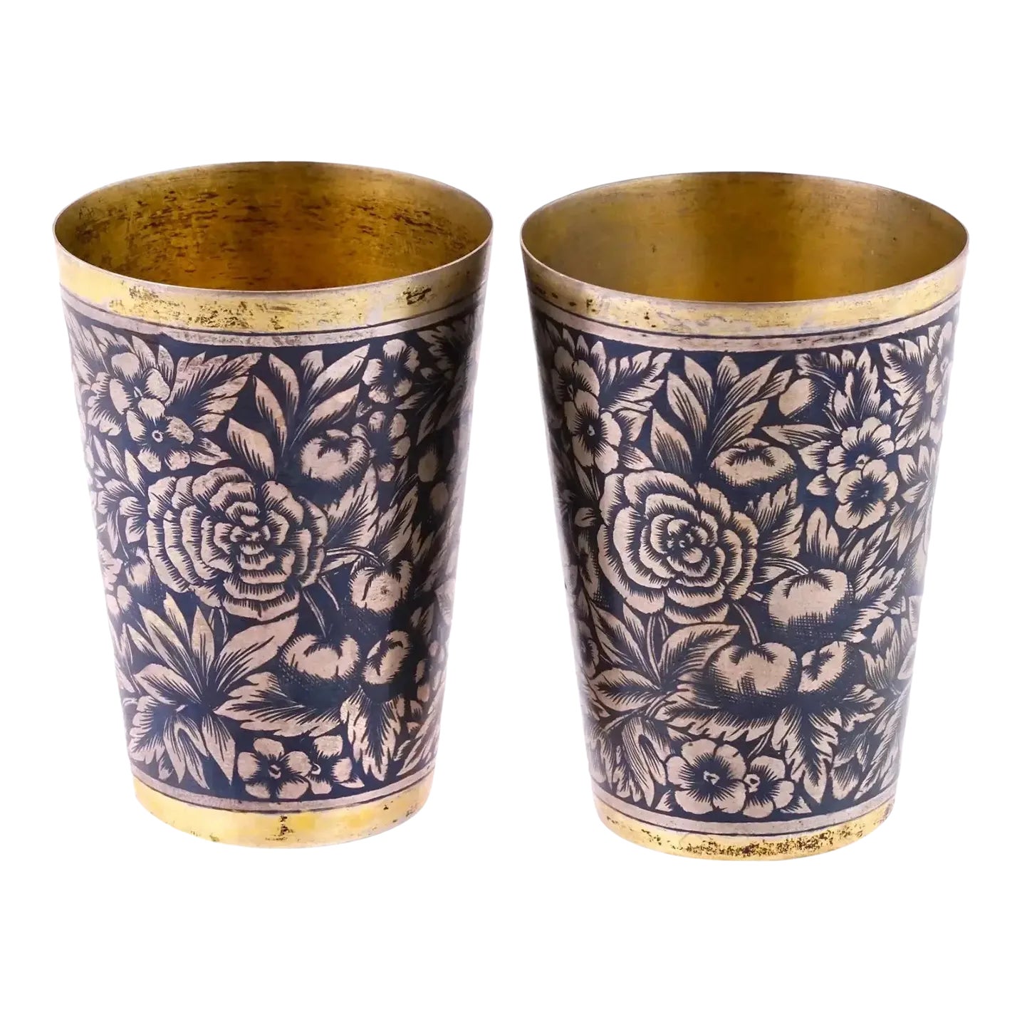 1950s Russian Soviet Era Gilt Silver Niello Cups- Set of 2 | Chairish