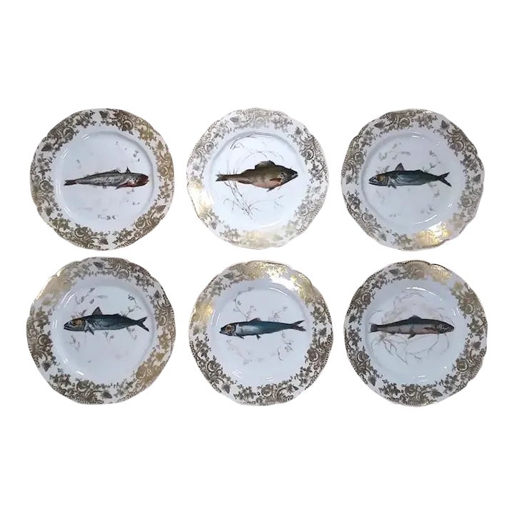 Cfh Gdm Haviland Limoges Fish Plates Hand Painted Set of 6 Gilt-Edge ...