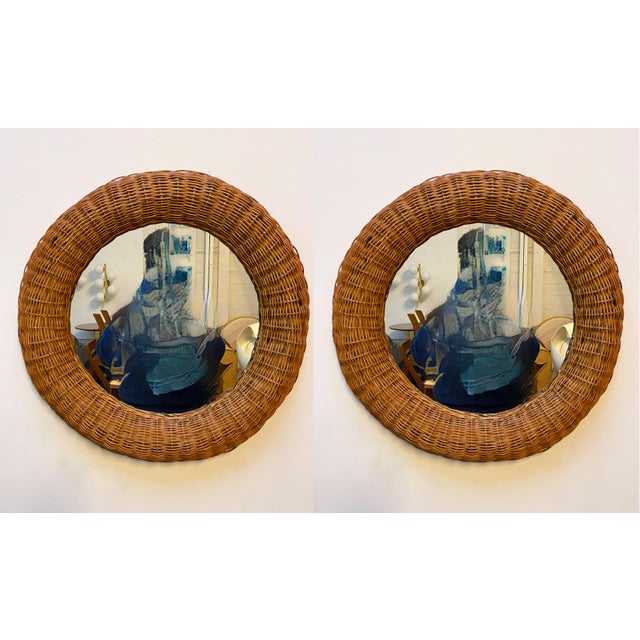 1970s Round Rattan Mirror- a Pair | Chairish