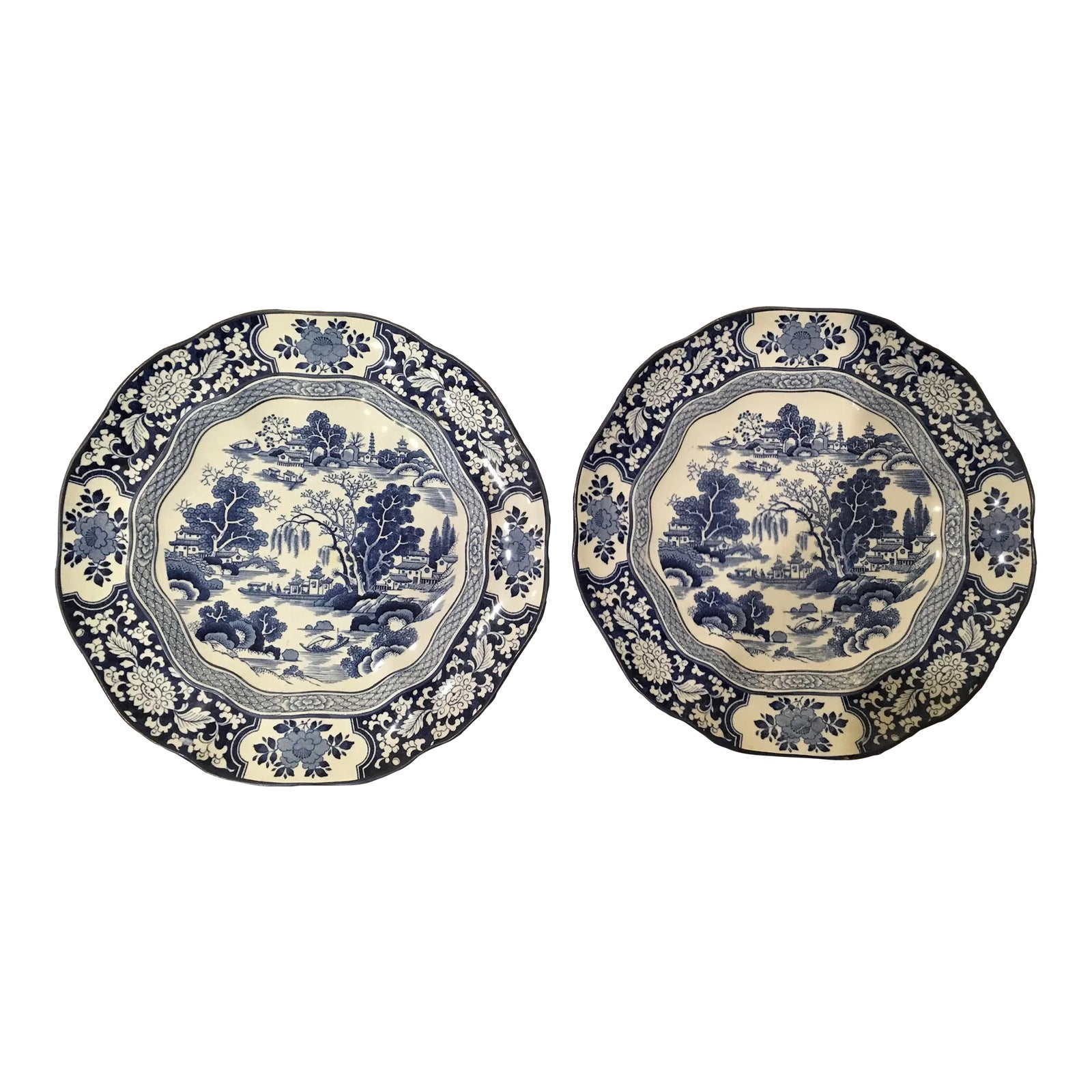 Late 19th Century Pair of English Blue & White Willow Plates | Chairish