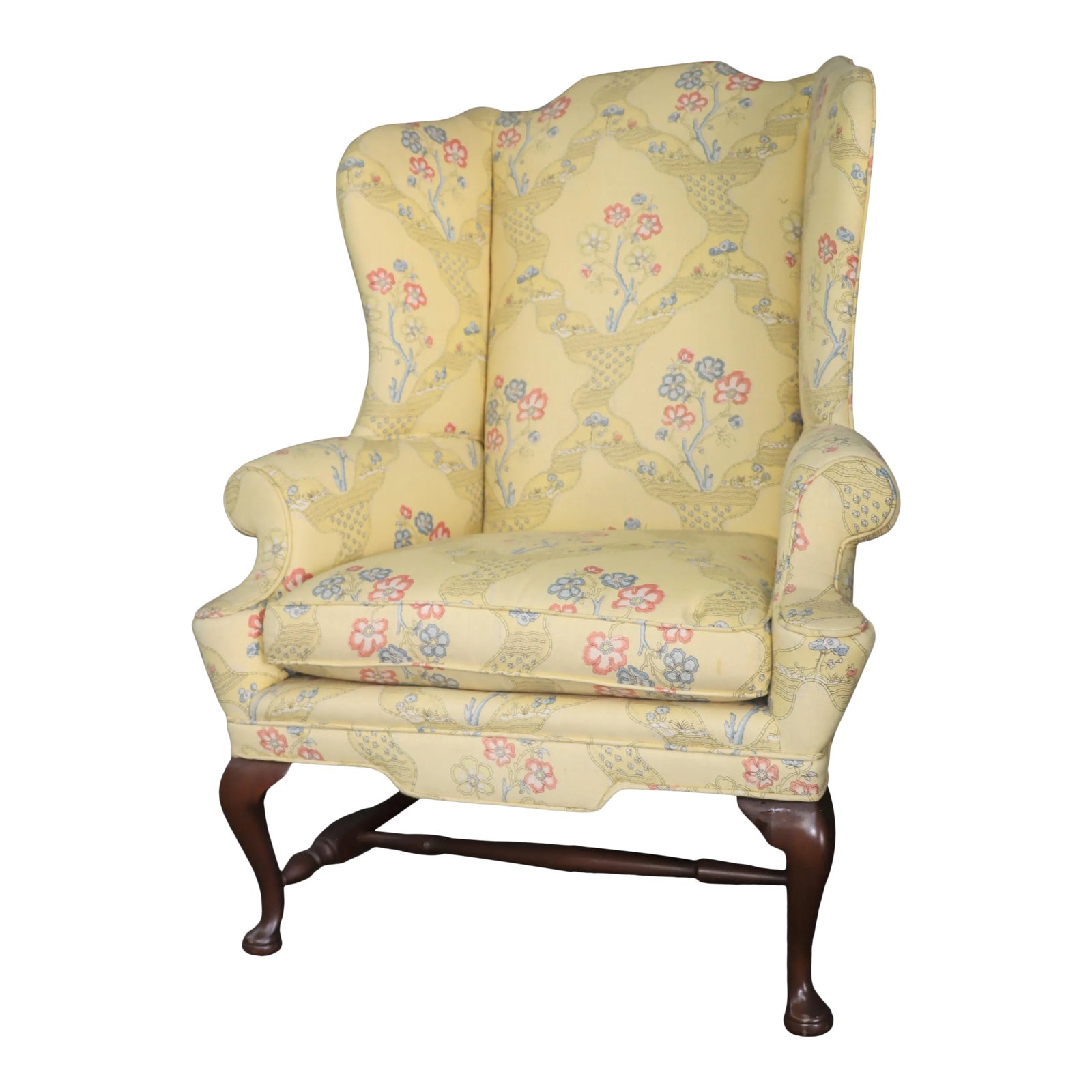 Queen Anne Style Upholstered Wing Chair | Chairish