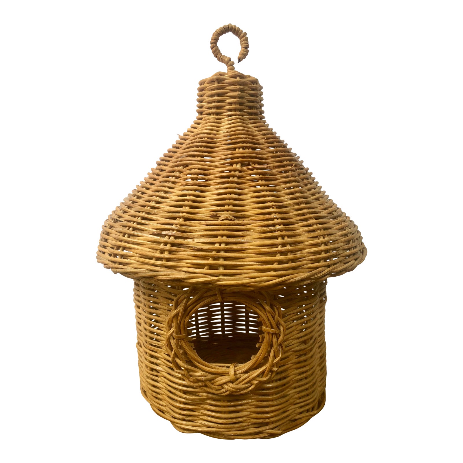 Vintage Natural Woven Wicker Rattan Bird Hut | Chairish
