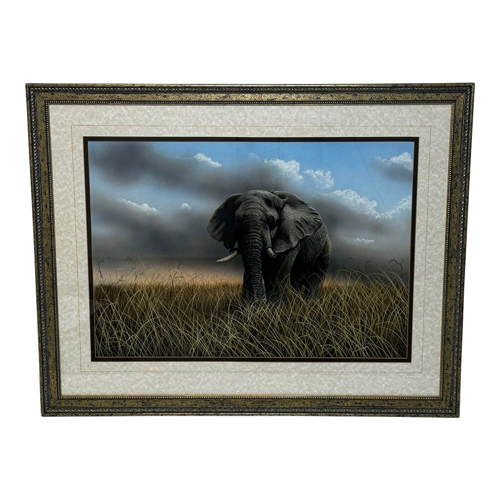 1990s Large British Painting Gray Bull Elephant About to Charge Kruger ...