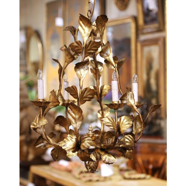 Mid-Century Italian Gilt Tole Six-Light Floral Chandelier | Chairish