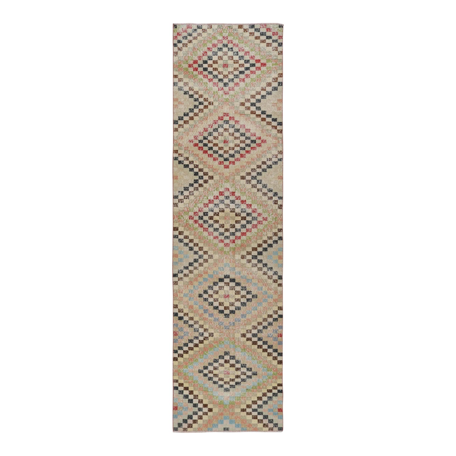 Vintage Mid-Century Beige-Brown and Pastel Wool Rug With Diamond ...