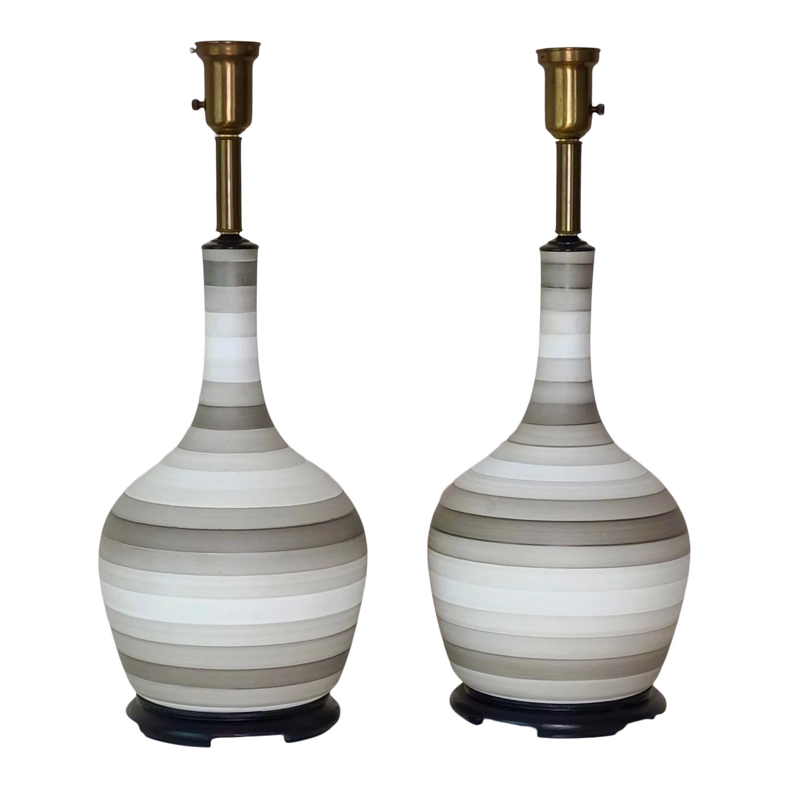 Mid Century Modern Charleton Gray White Striped Table Lamps - a Pair ...