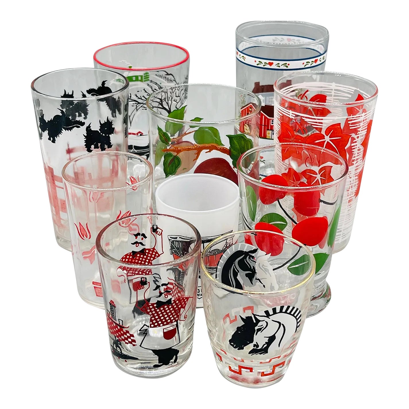 Mixed Set of 10 Vintage Red and Black Glasses | Chairish