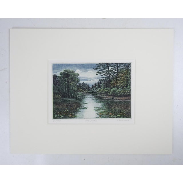 Contemporary Lakeside Landscape Colored Etching | Chairish