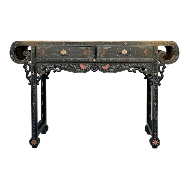 Vintage Oriental Black Lacquer Color Graphic Scroll End Altar Console ...