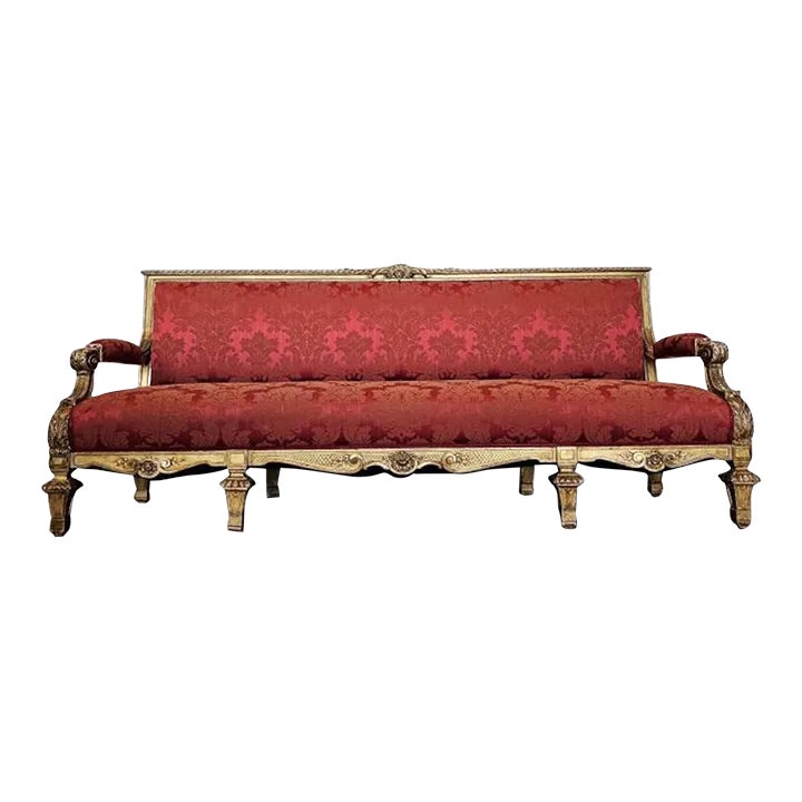 Antique French Louis XVI Style Giltwood Damask Upholstered Long Sofa ...