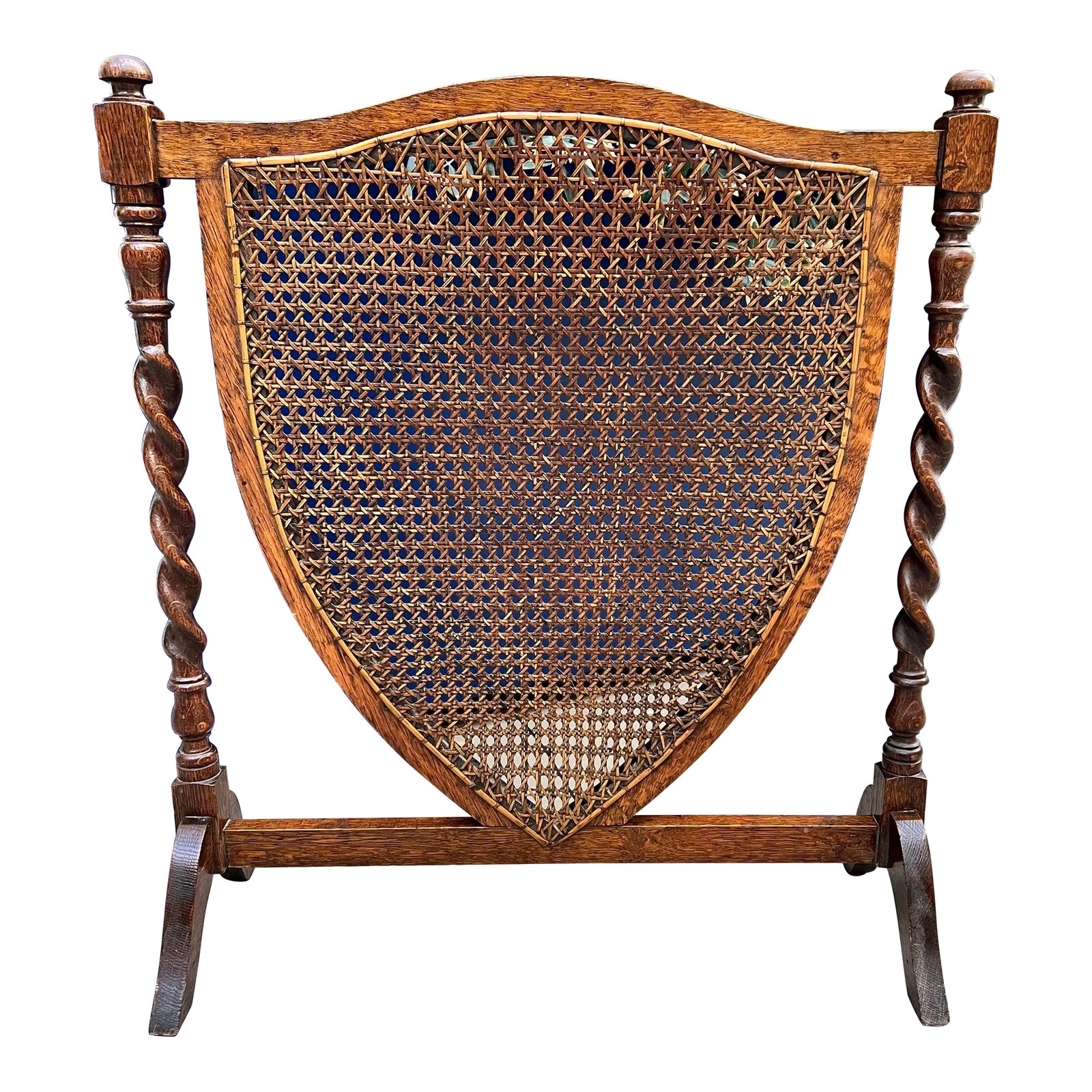 1920s English Caned Shield Fireplace Screen With Oak Barley Twist Frame ...