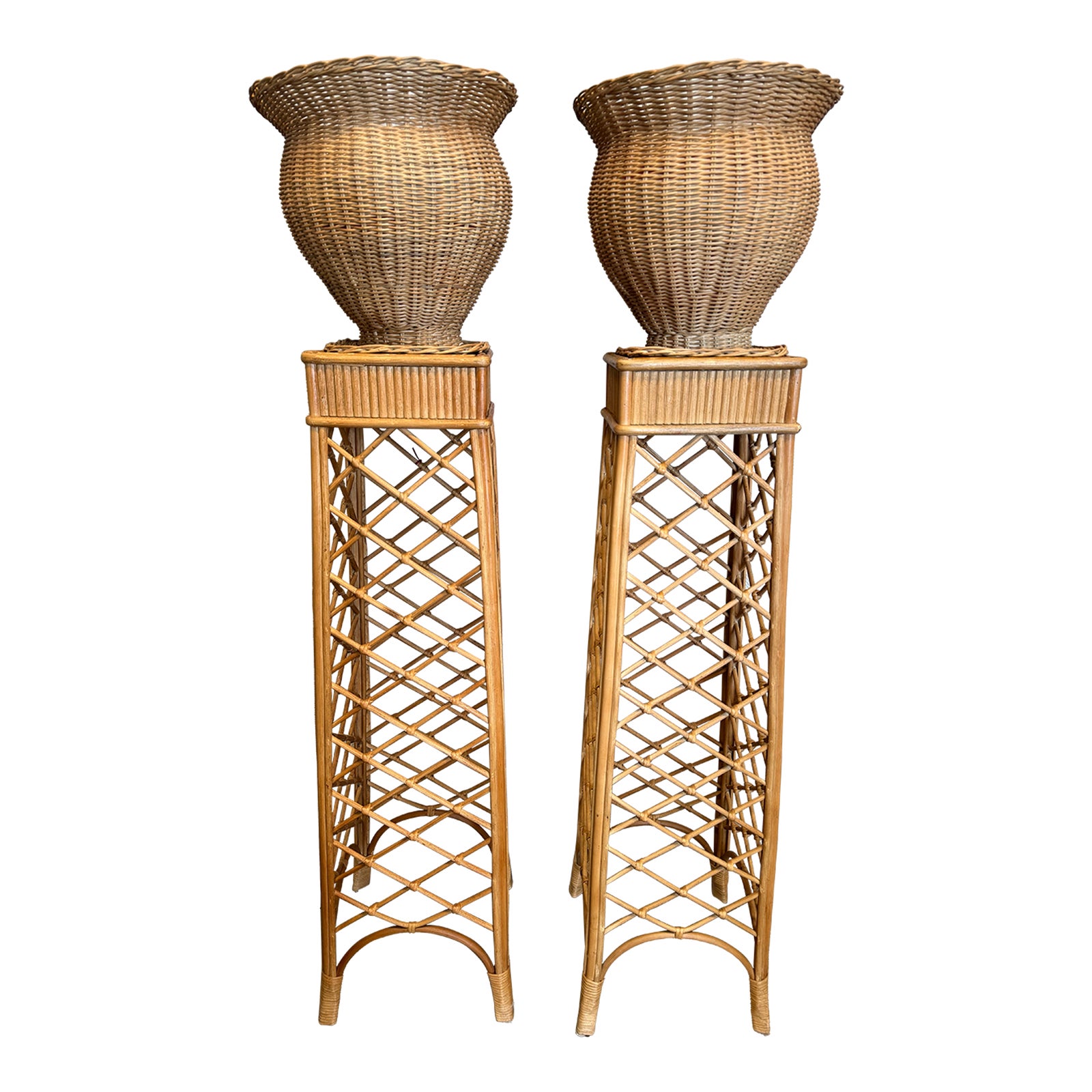 Bamboo & Rattan Plant Stand, a Pair | Chairish