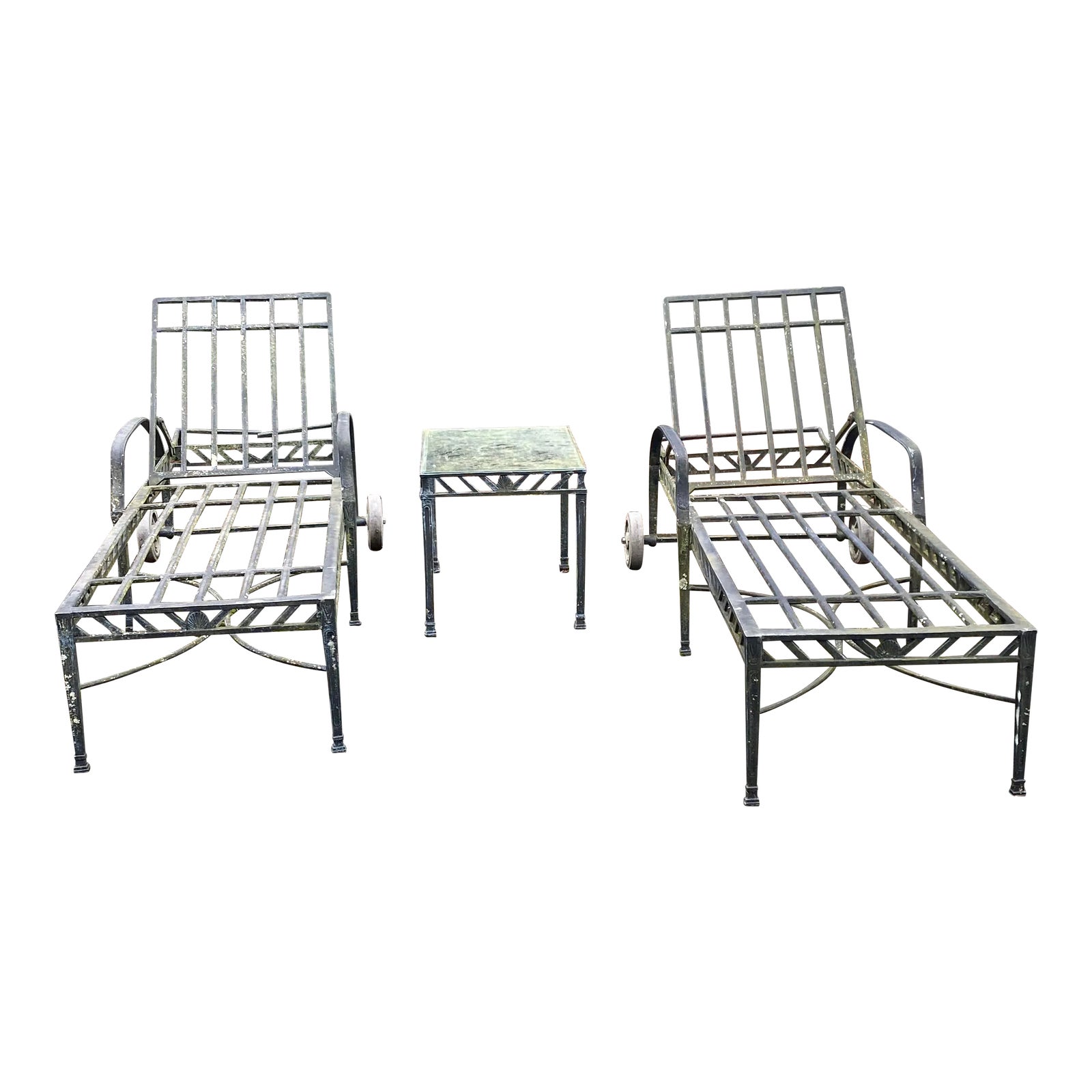 1990s Outdoor Cast Aluminum Chaises with Wheels - Set of 2 | Chairish
