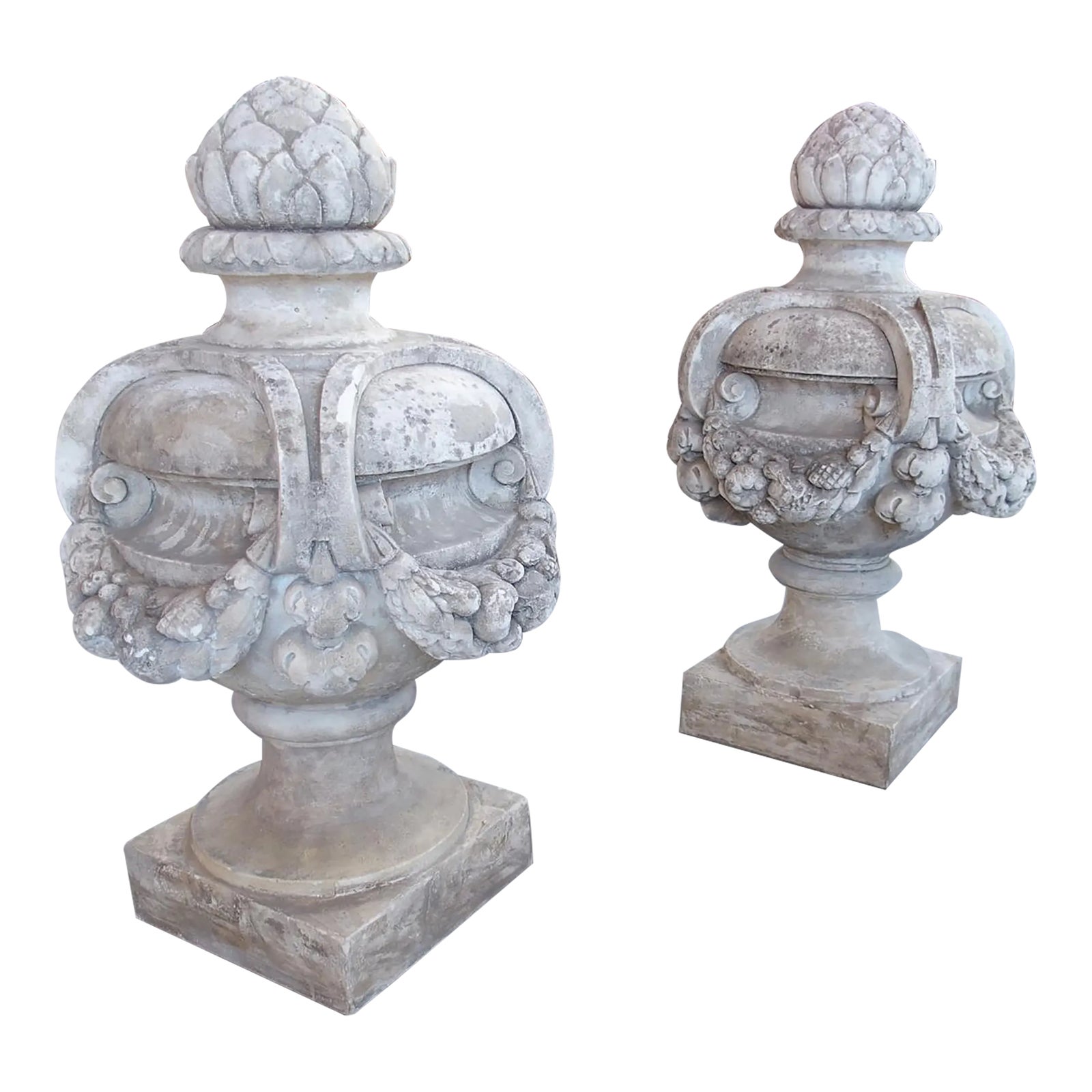 Pair of Antique French Reconstituted Stone Pot Feu Garden Finials ...