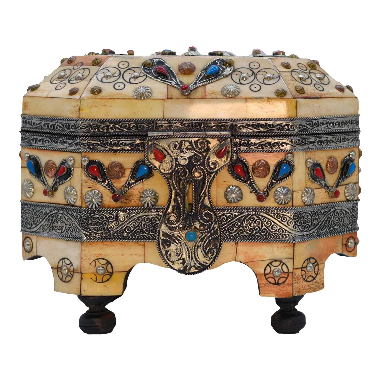 Antique Etched With Henna Bone Trinket Box With Enameled Turquoise ...