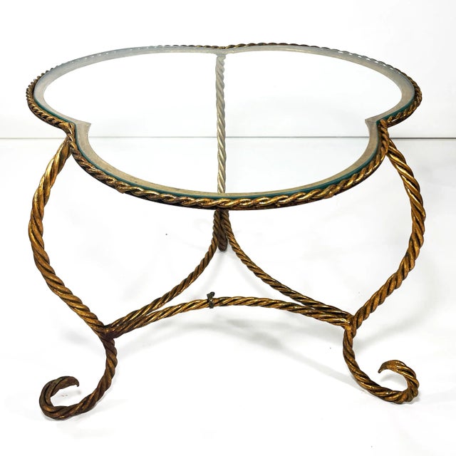 1960s Italian Gilt Iron Rope Table With Clover Shaped Glass Top | Chairish