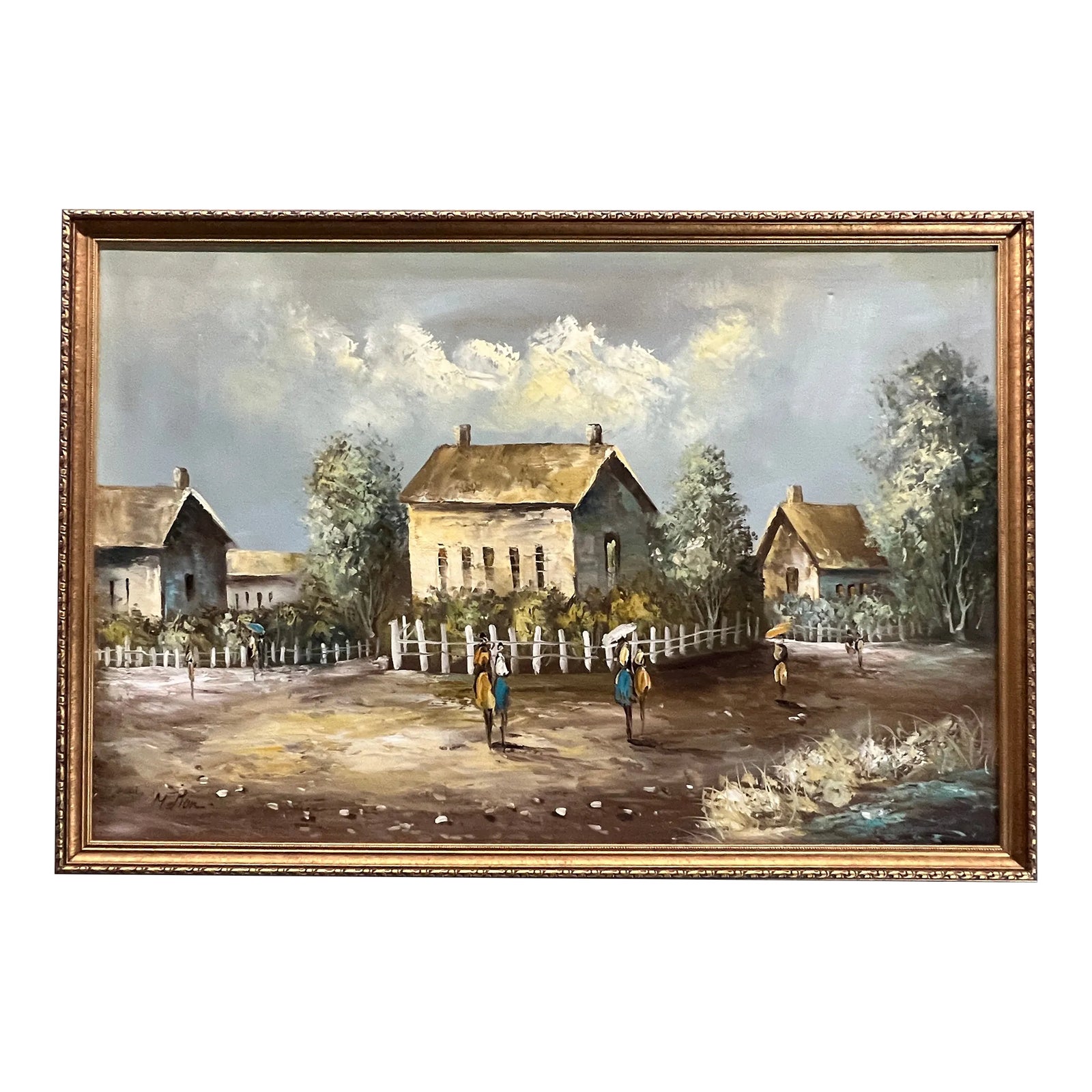Vintage Old Rural Village Signed by Melton - Original Oil on Canvas ...