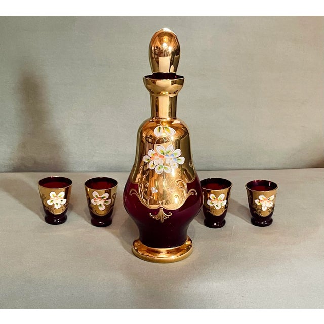 Vintage Ruby & Gold Glass Floral Decanter & Glass Set- 5 Pieces | Chairish