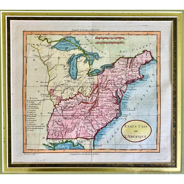1795 French Hand Colored Map of the Us and Canada | Chairish