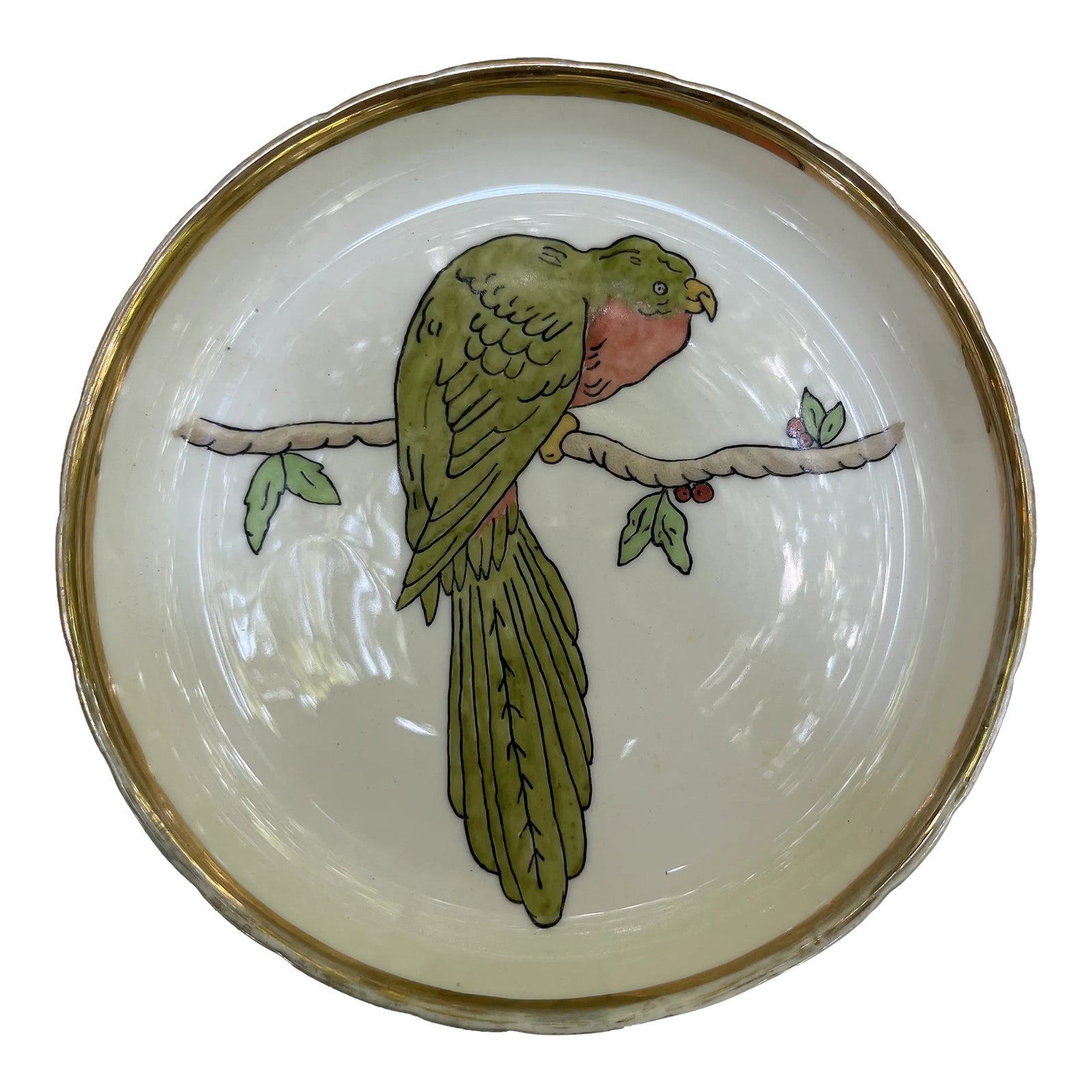 Hand Painted Gilt Porcelain Parrot Dish | Chairish