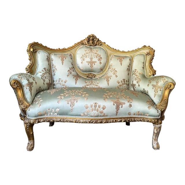 French Rococo Style Light Blue Sofa With Gold Details | Chairish
