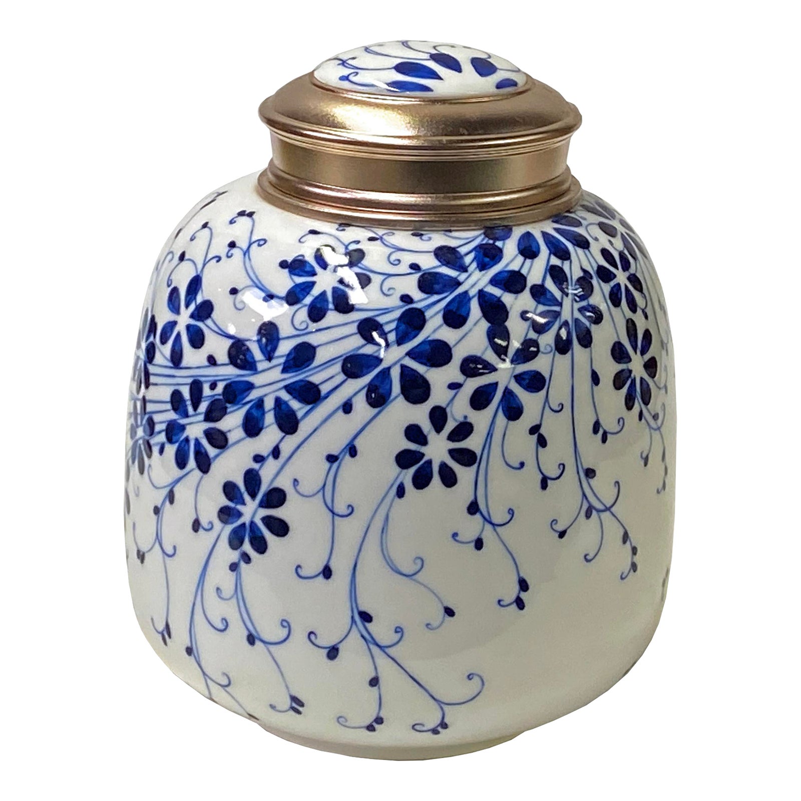 Oriental Handmade Blue White Porcelain Metal Lid Container Urn | Chairish