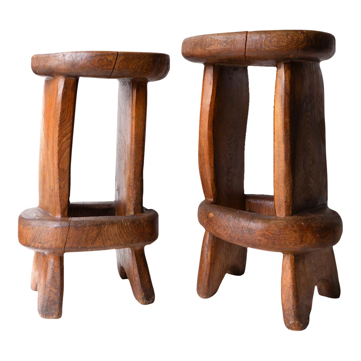 Pair of Vintage Sculptural Carved Solid Elm Stools by Maxie Lane, Late ...