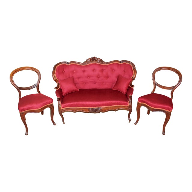 Circa 1867 Antique Burgundy Victorian Parlor Sofa Set with Hand-Carved ...