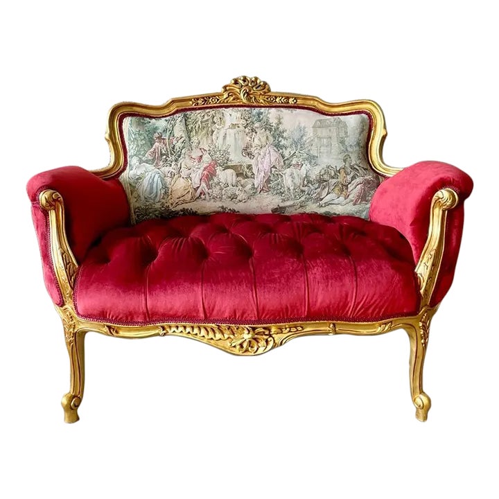 French Rococo Style Red Settee with Gold Leaf | Chairish