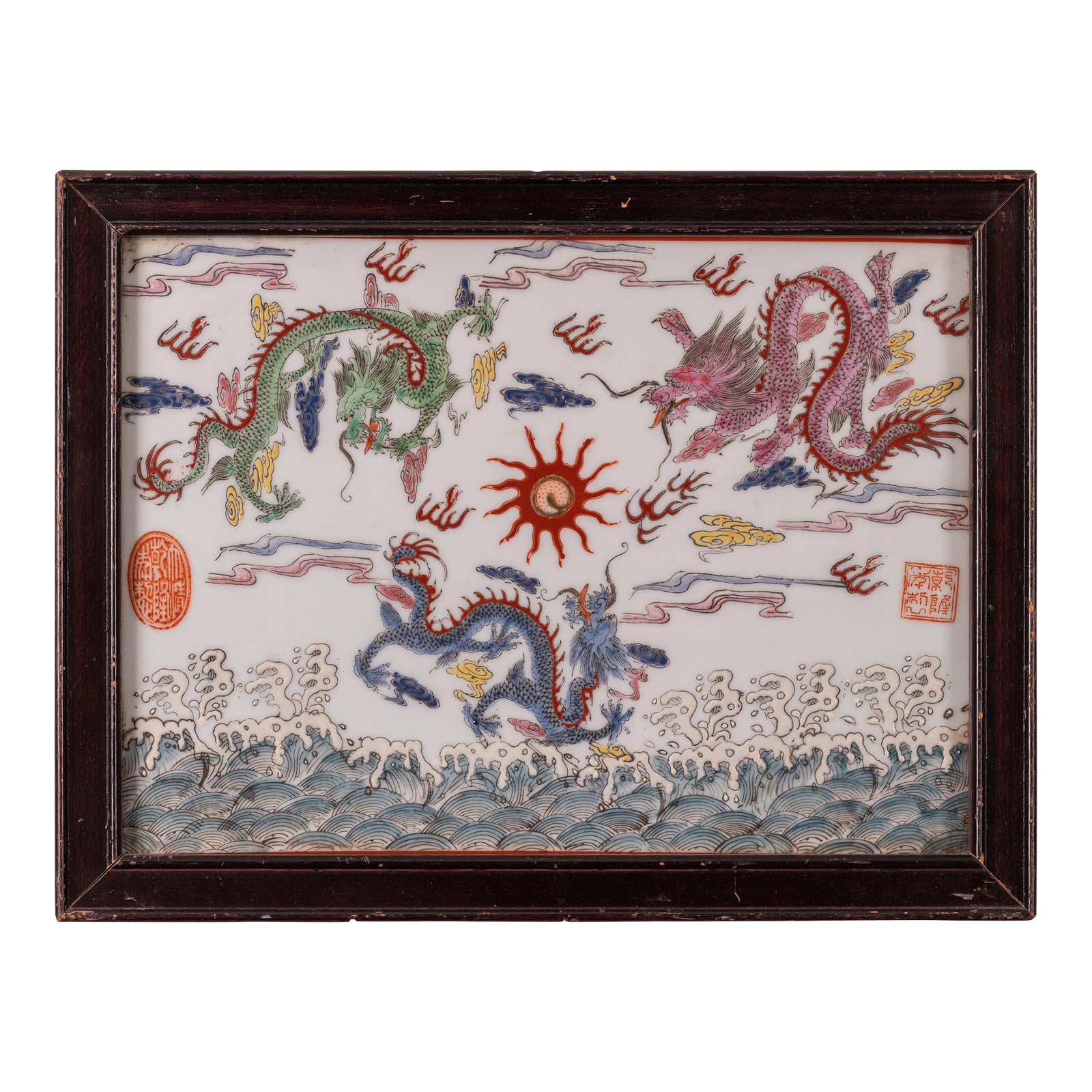 Chinese Republic Porcelain Three Dragon Plaque | Chairish