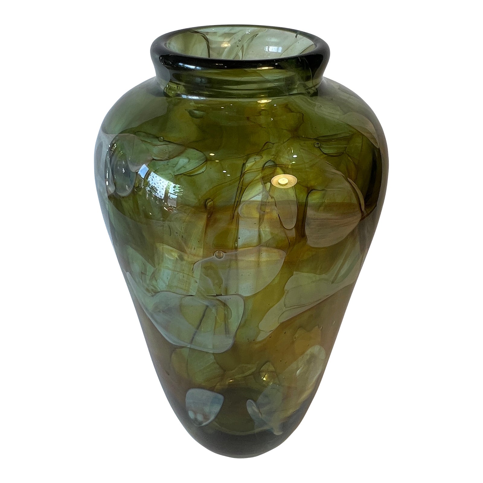 Art Glass Vase Olive Oil Streak-Like Pattern | Chairish