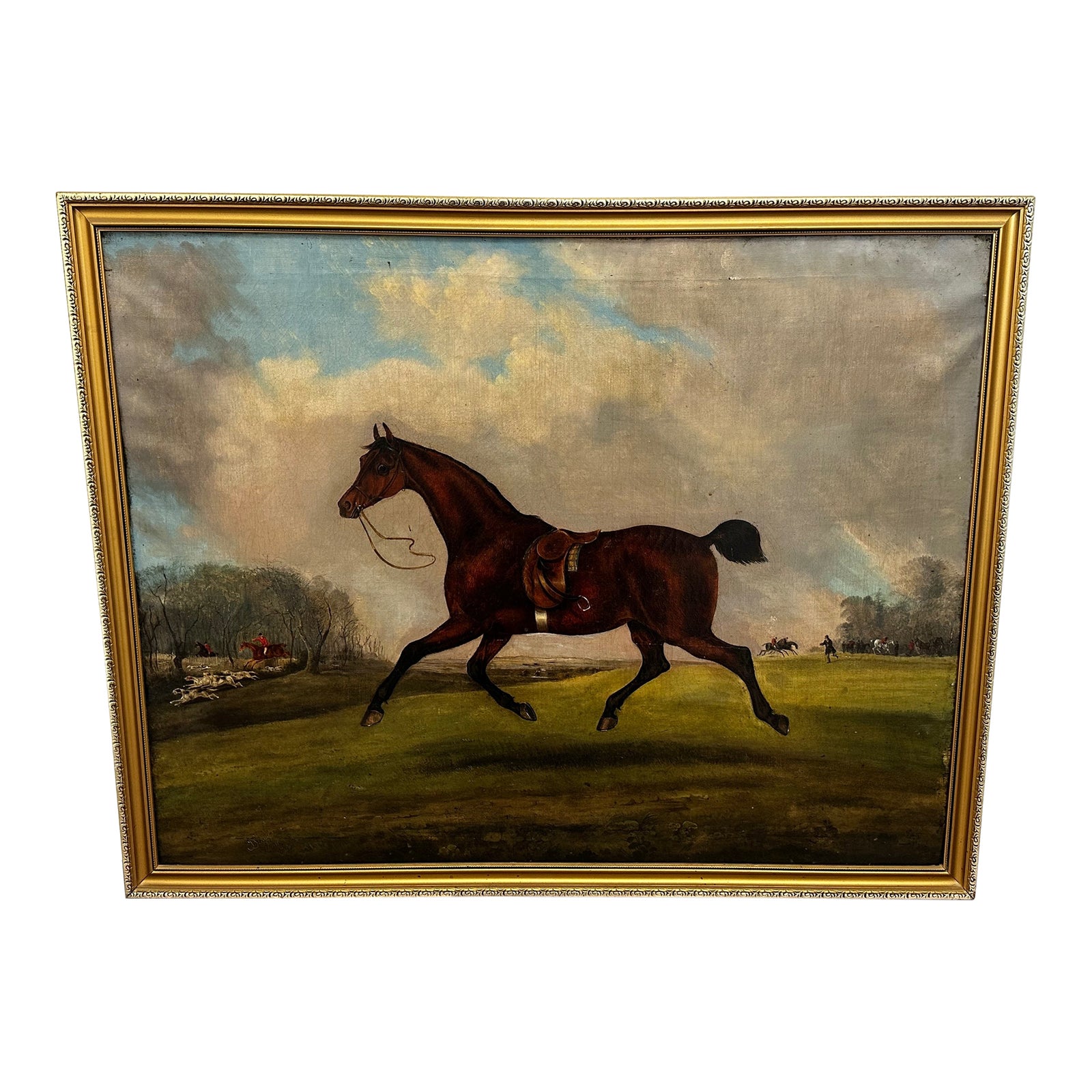 Mid 19th Century Victorian Oil Painting of a Bay Hunter Horse Pursued ...